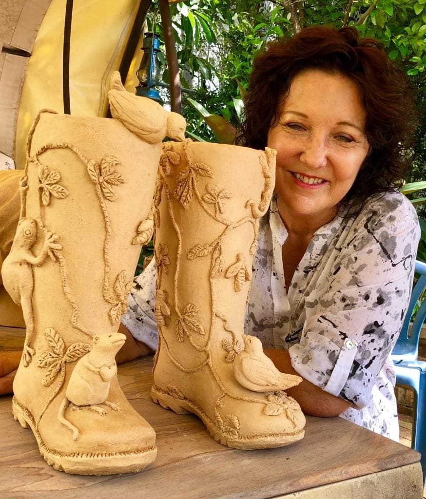 Sheryl's flower pot boots now fired and ready to colour - Georgettes Art